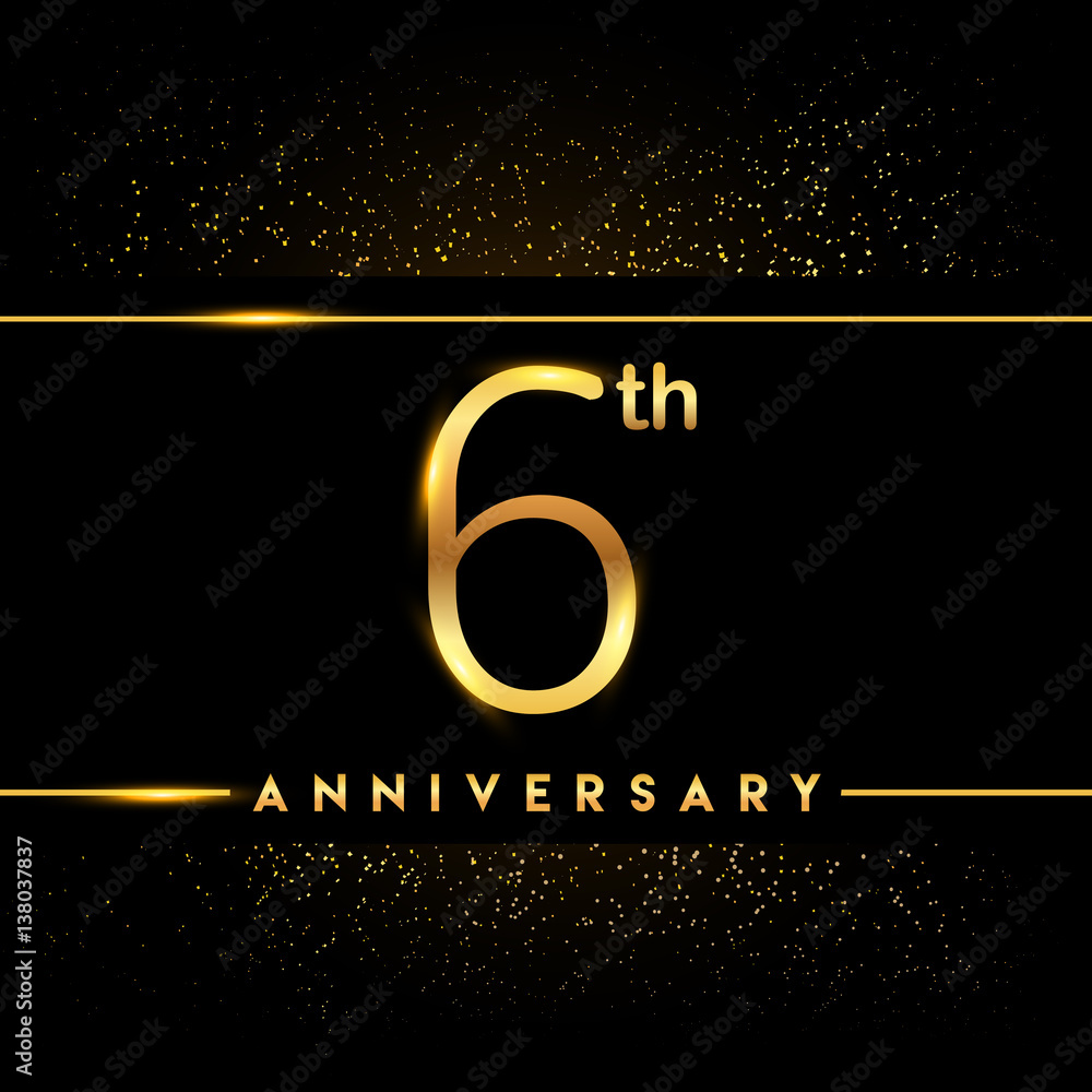 Celebrating of 6 years anniversary, logotype golden colored isolated on black background and ...