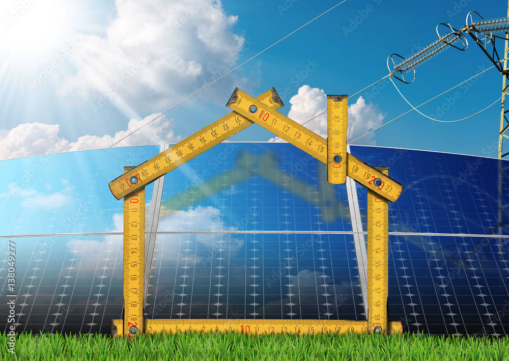 Project of ecological house with solar panel and power line Stock Photo ...