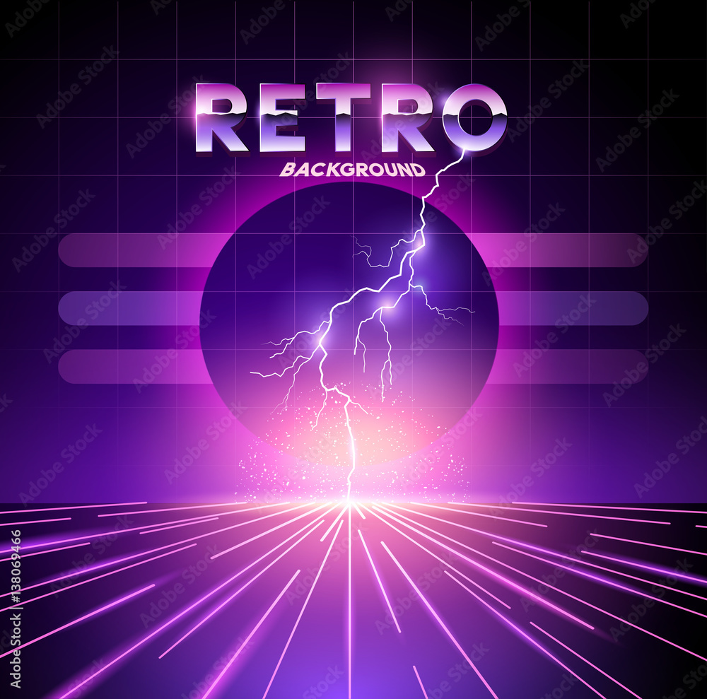 Retro 1980's neon horizon background with lightning bolts. Vector ...