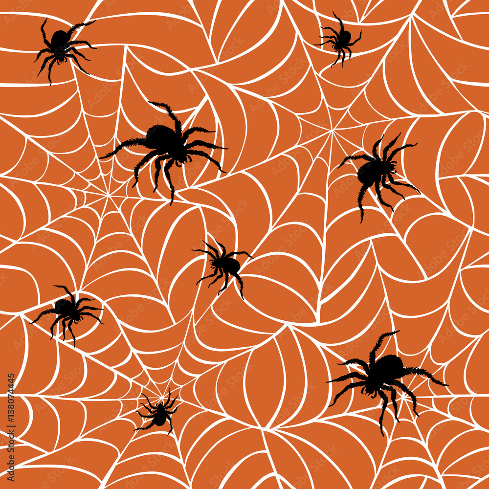Spiders on Webs Seamless Pattern-Orange Background Stock Vector | Adobe ...