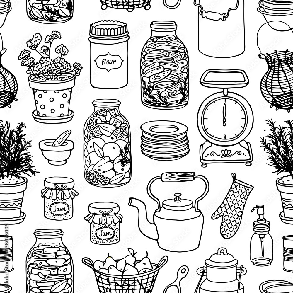 Rustic kitchen sketchy vector seamless pattern. Black and white cooking ...