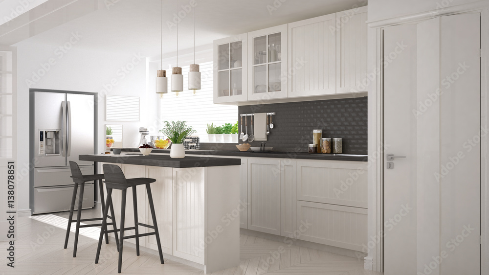 Scandinavian classic kitchen with wooden and white details ...