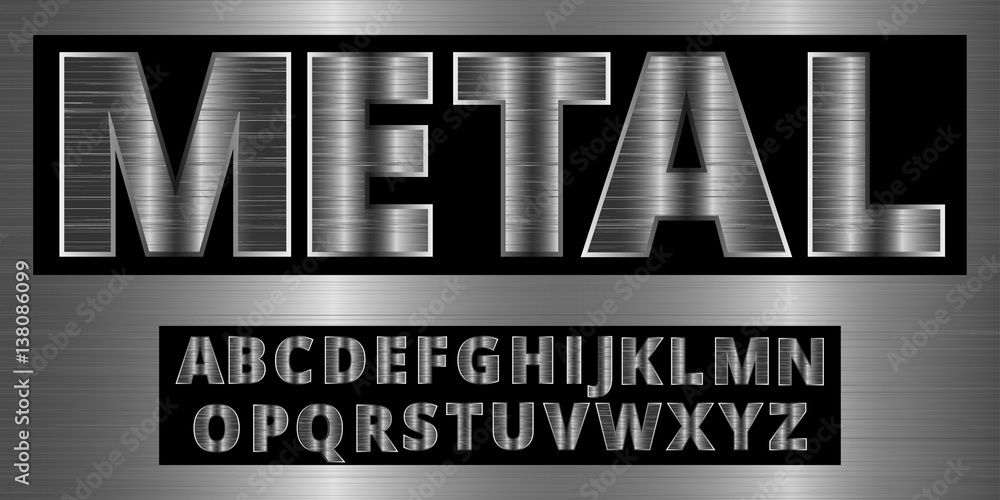 Brushed aluminum metal realistic font. Detailed steel chrome alphabet ...