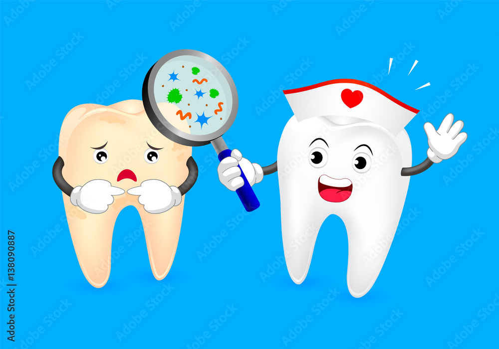 cute cartoon tooth character take magnifying to check decay problem ...
