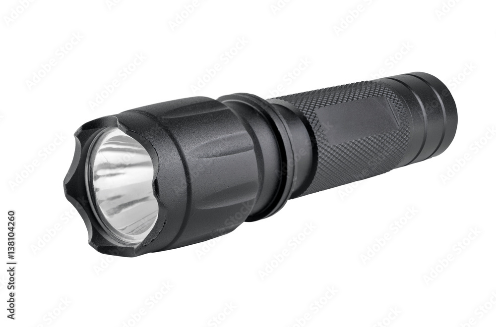 Black Metal Flashlight isolated on white background with clipping path ...