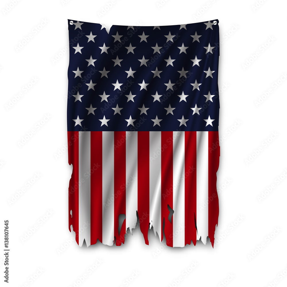 Torn by the wind national flag of USA. Ragged. The wavy fabric on white ...