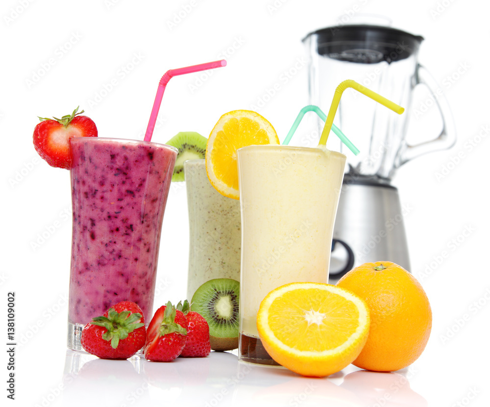 Healthy Smoothies with fresh fruits and a Blender isolated on white ...