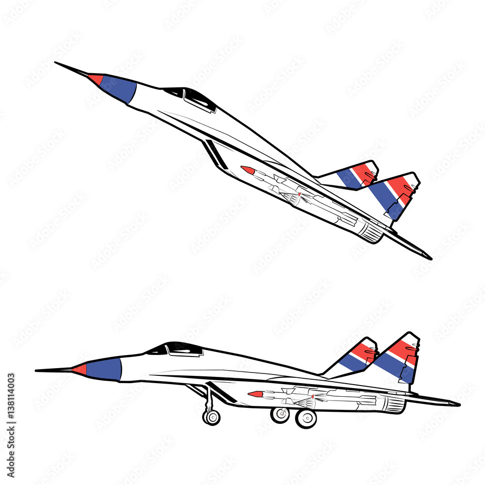 Vector illustration of a military aircraft with weapons in a static ...