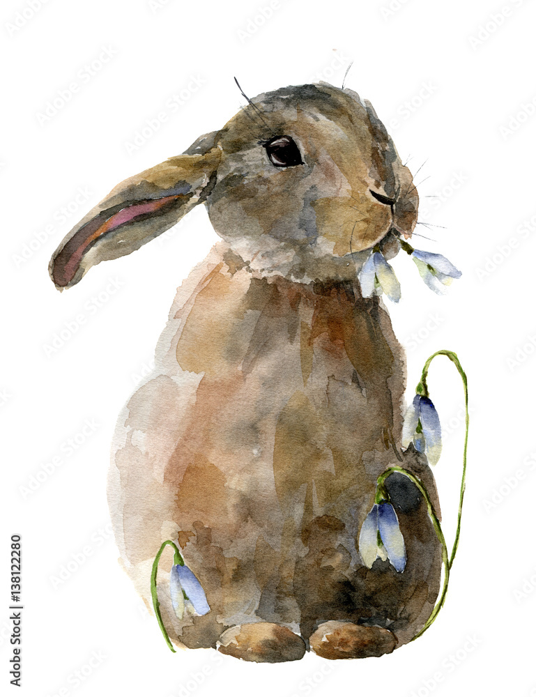 Watercolor Easter bunny with snowdrops. Hand painted card with ...