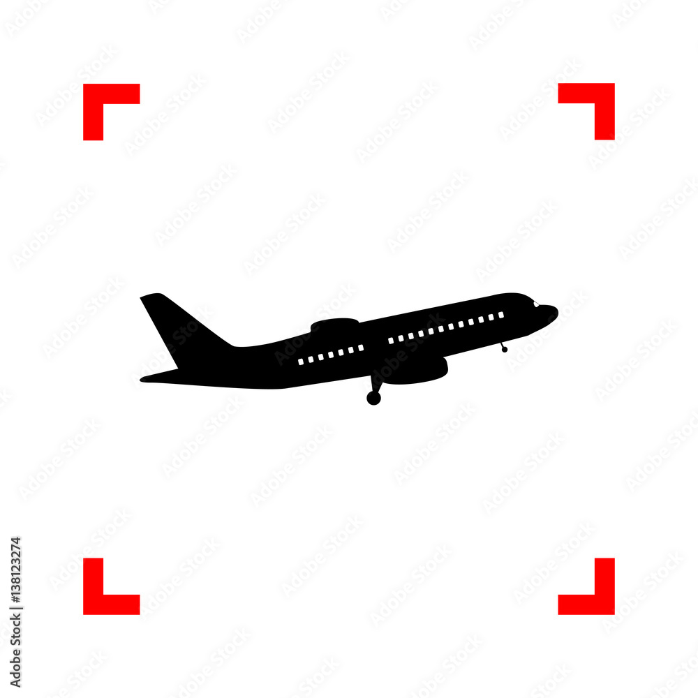 Flying Plane sign. Side view. Black icon in focus corners on whi Stock ...