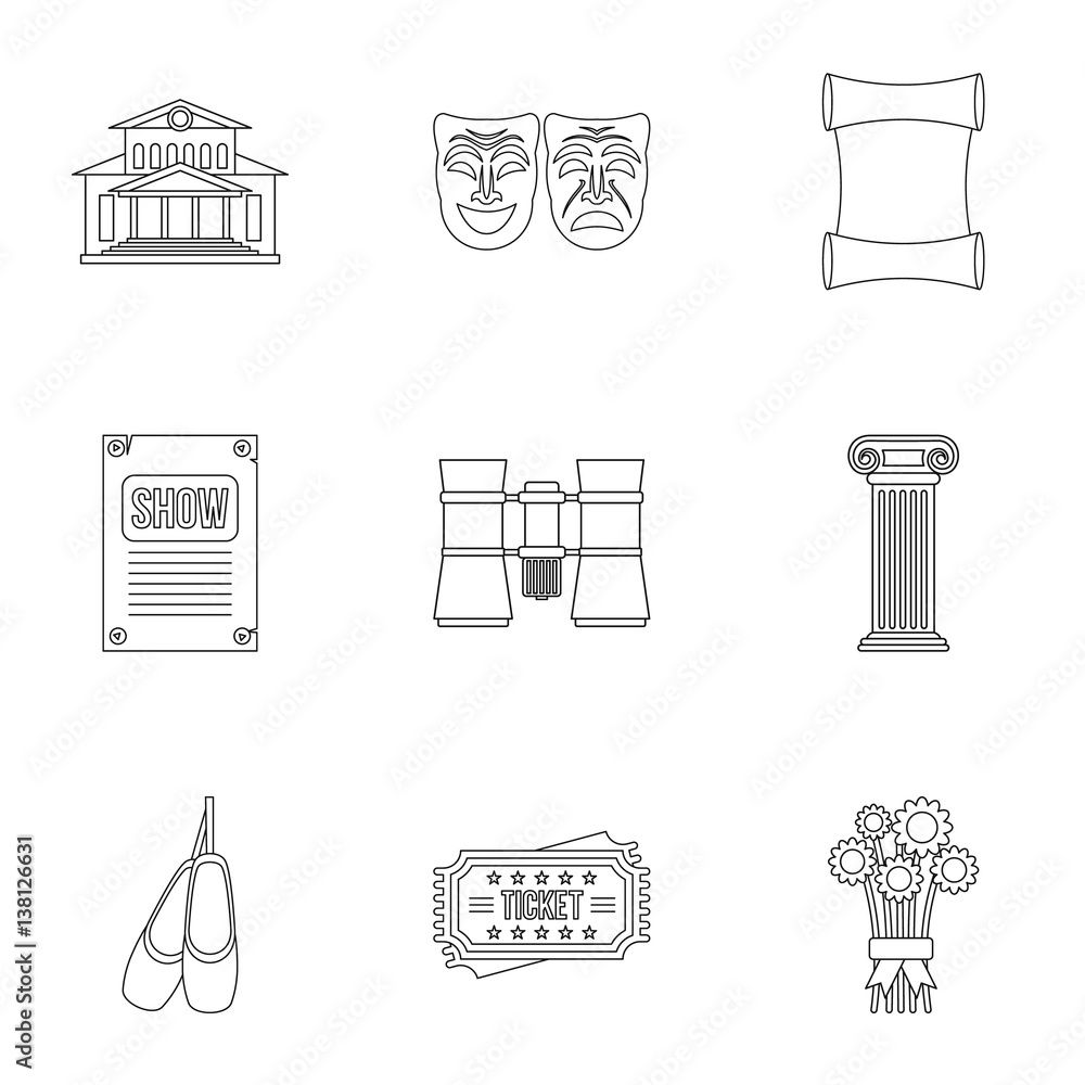 Theatre icons set, outline style Stock Vector | Adobe Stock