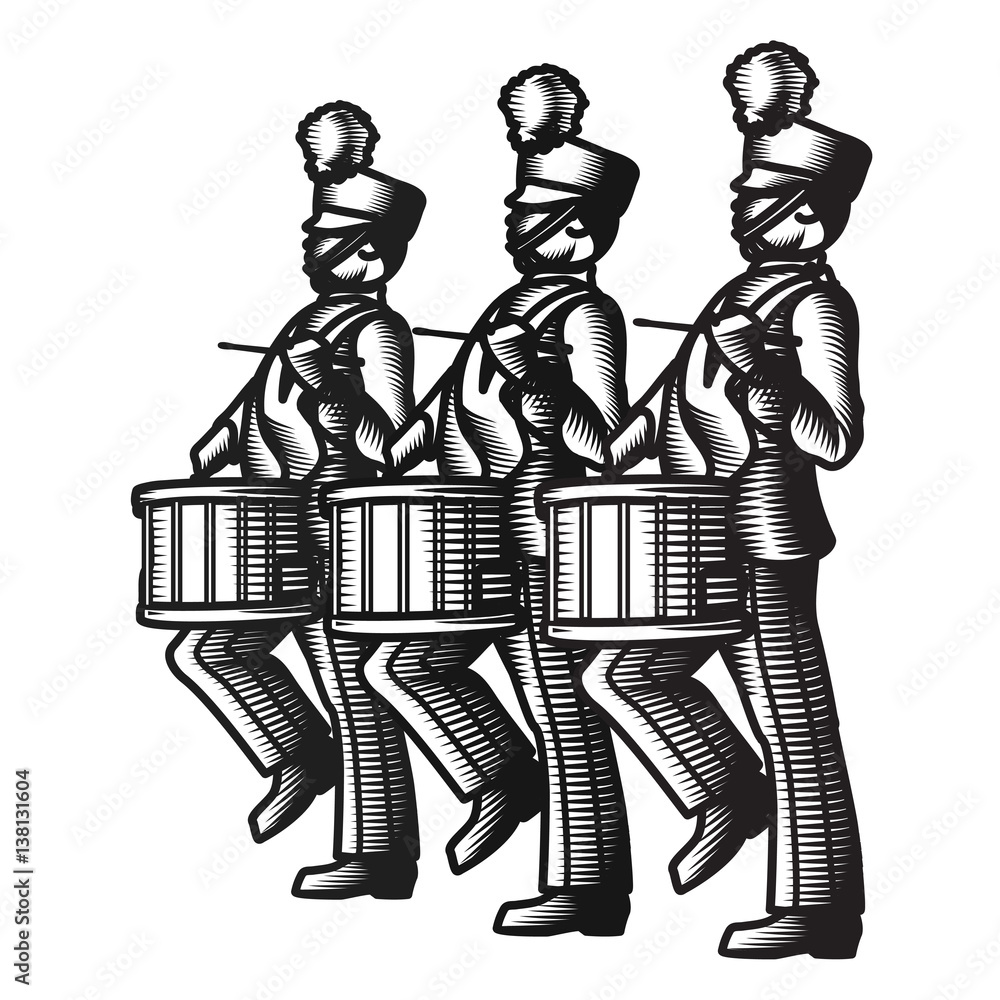 Marching soldier drummers marching in unison wearing band uniforms ...