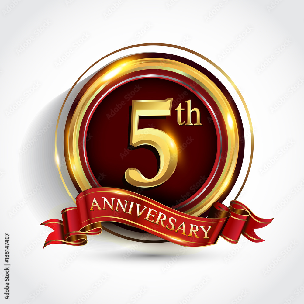 5th anniversary logo with ring and ribbon golden colored isolated on ...