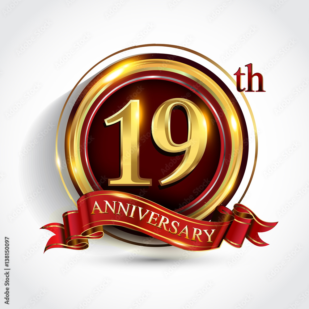 19th anniversary logo with ring and ribbon golden colored isolated on ...