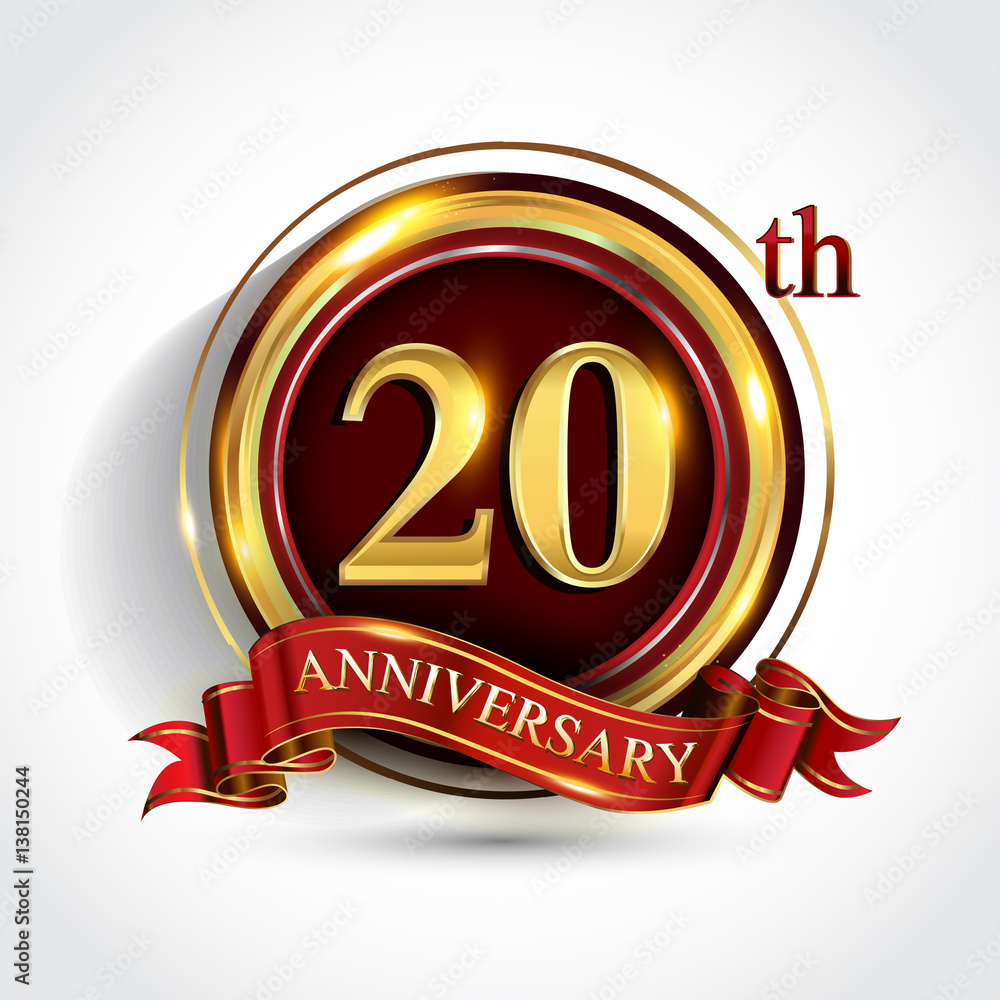 20th anniversary logo with ring and ribbon golden colored isolated on ...
