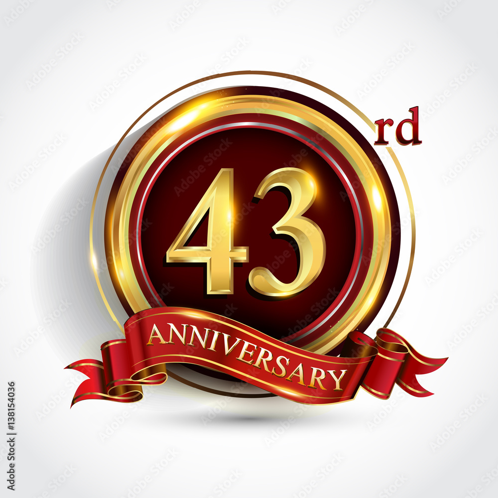 43rd anniversary logo with ring and ribbon golden colored isolated on ...