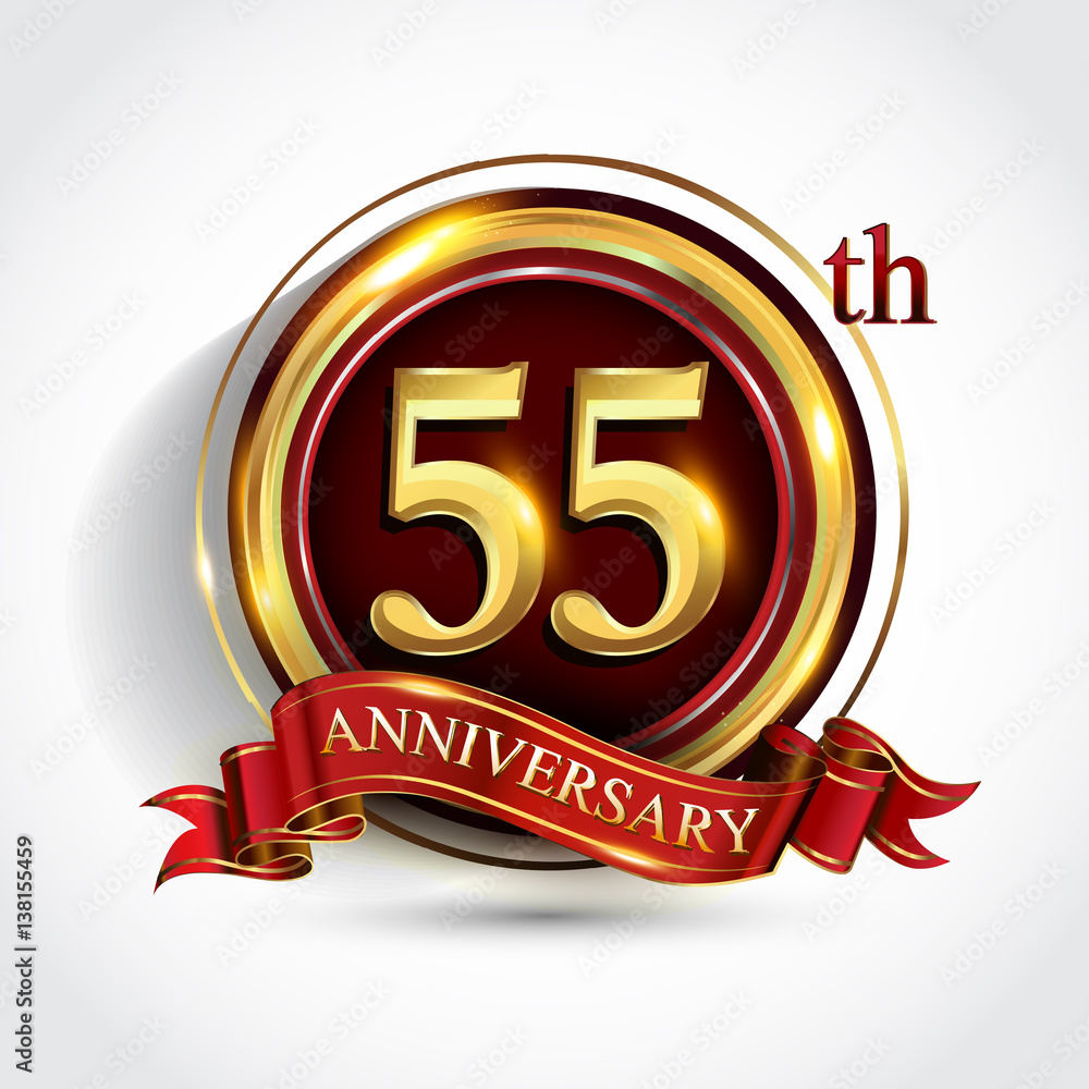 55th anniversary logo with ring and ribbon golden colored isolated on ...