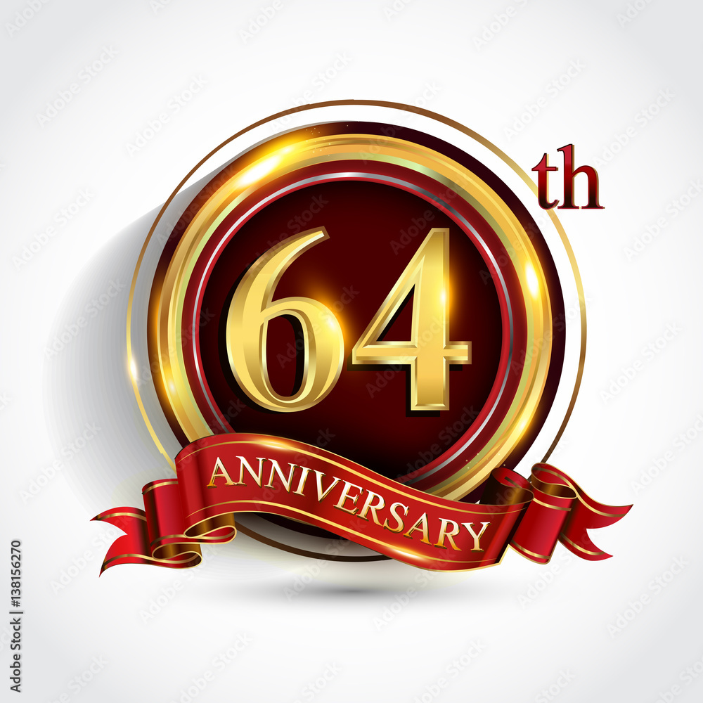 64th anniversary logo with ring and ribbon golden colored isolated on ...