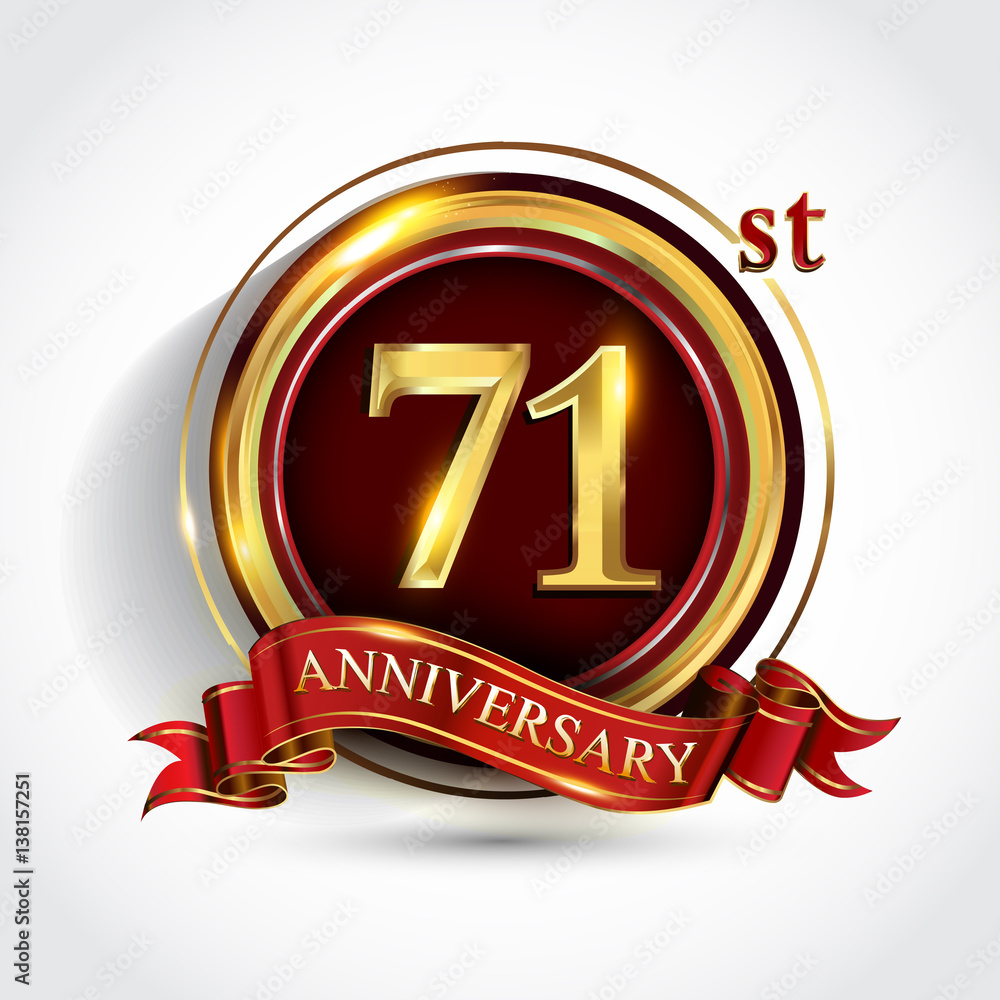 71st anniversary logo with ring and ribbon golden colored isolated on ...
