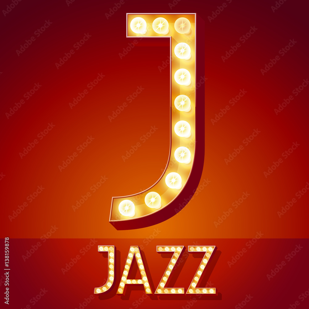 Chic retro vector light up font with glowing lamp. Gold letter J Stock ...