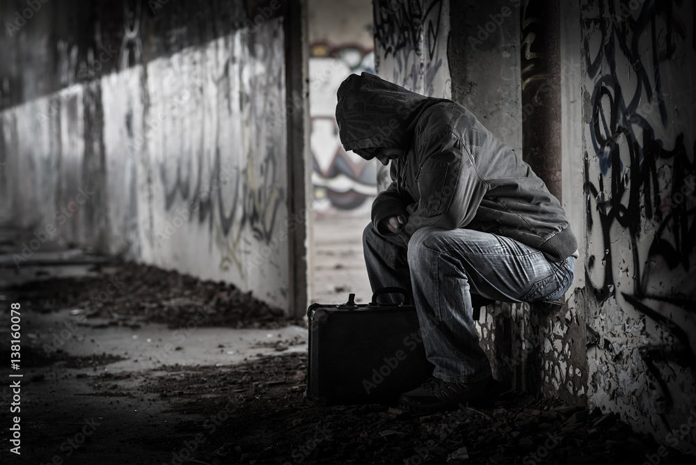Hobo man in old abandoned ruin Stock Photo | Adobe Stock