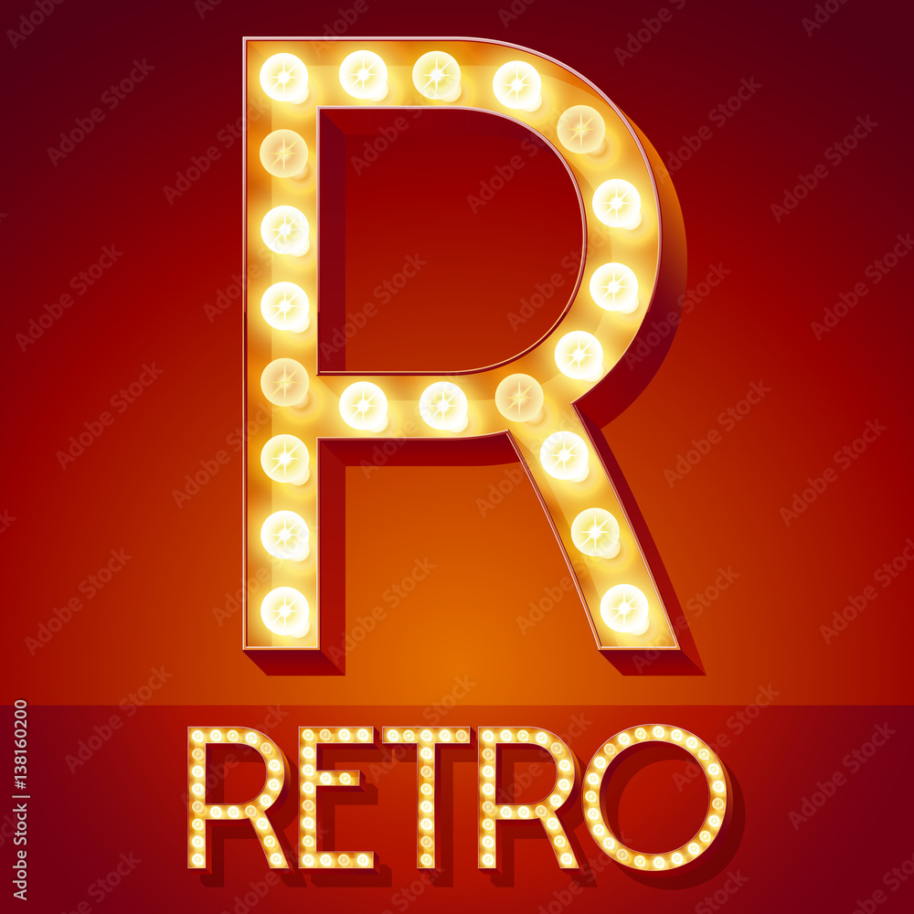 Chic retro vector light up font with glowing lamp. Gold letter R Stock ...
