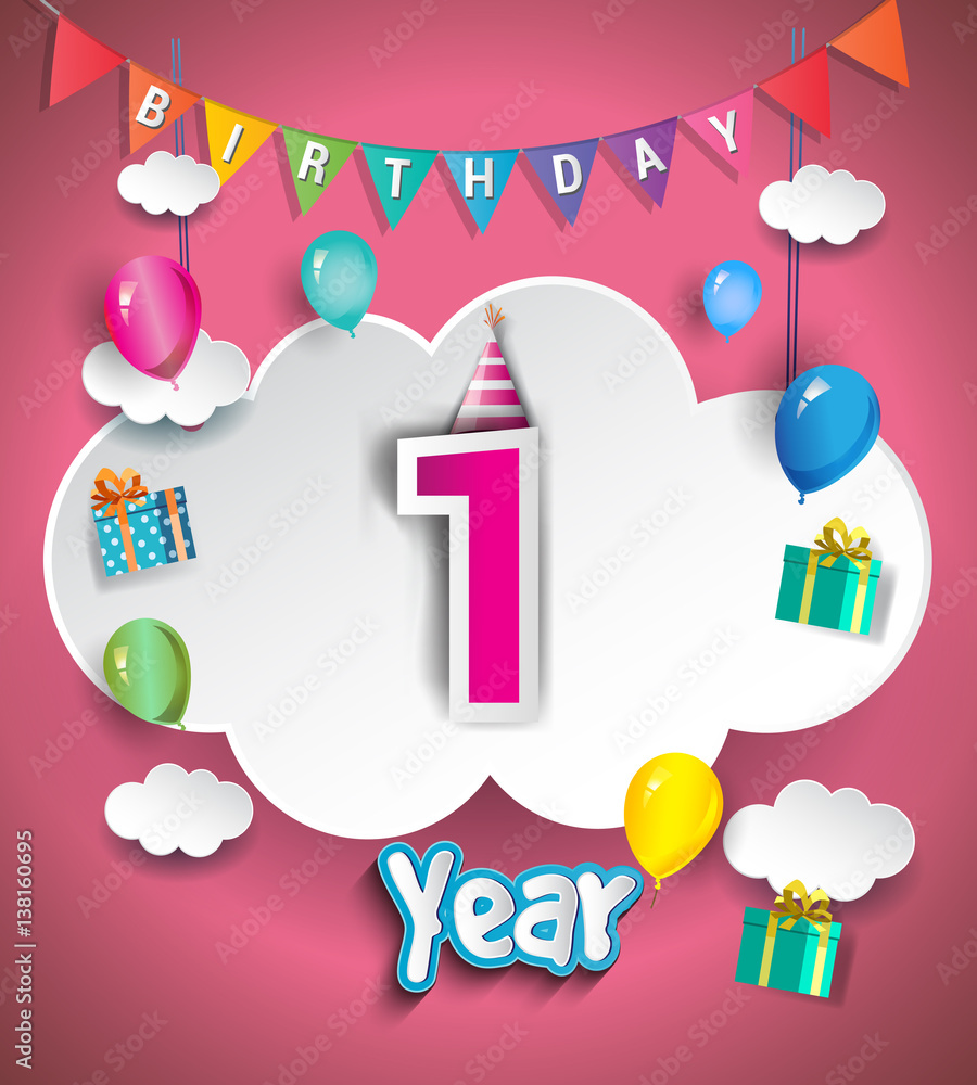 one year Anniversary Celebration Design, with clouds and balloons ...
