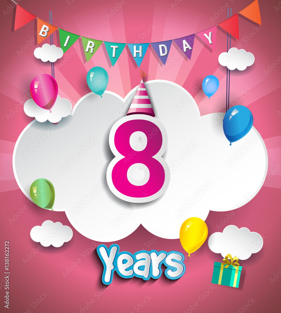 8 years Anniversary Celebration Design, with clouds and balloons ...