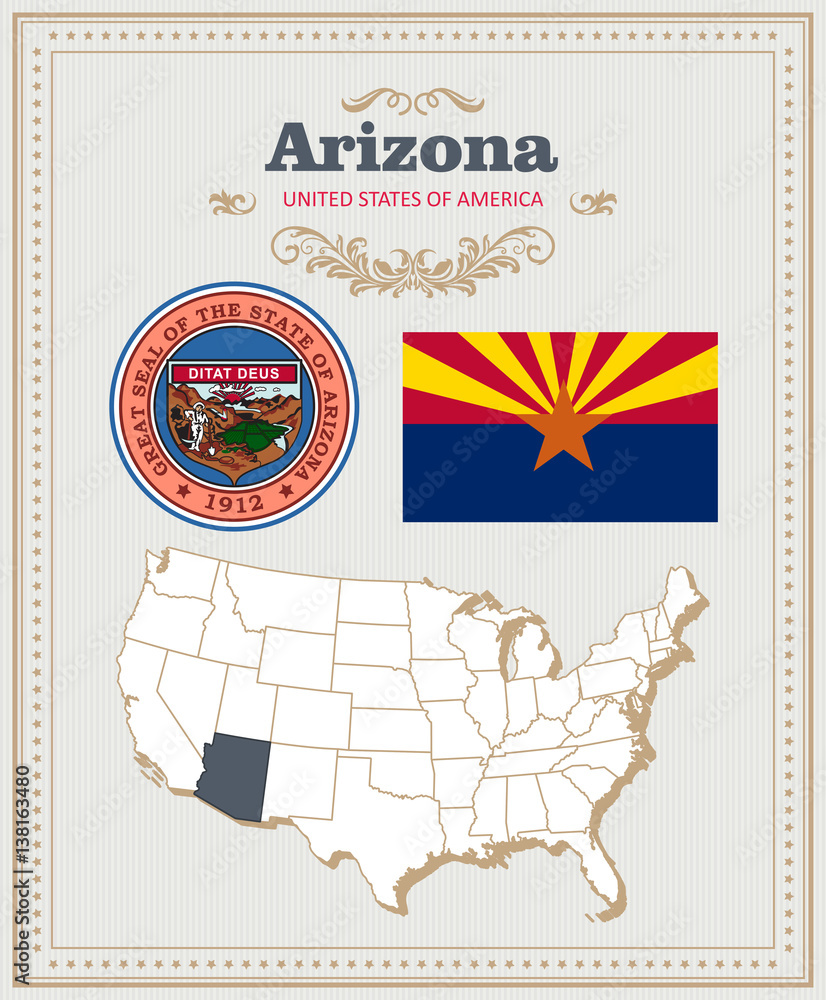 High detailed vector set with flag, coat of arms, map of Arizona ...