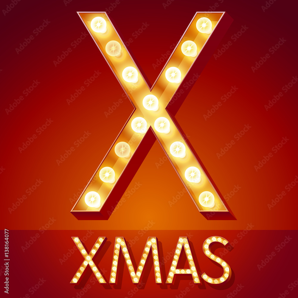 Chic retro vector light up font with glowing lamp. Gold letter X Stock ...