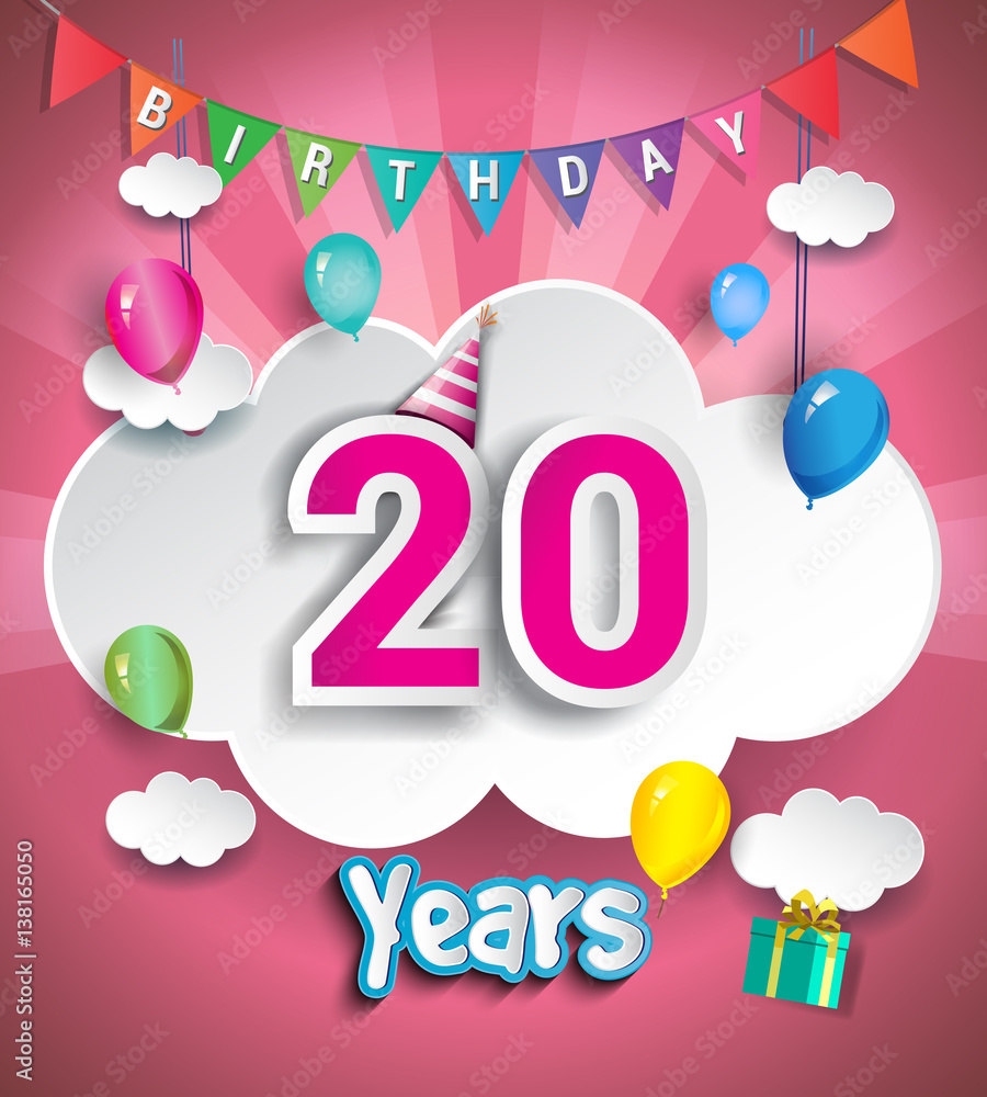 20 years birthday Celebration Design, with clouds and balloons ...