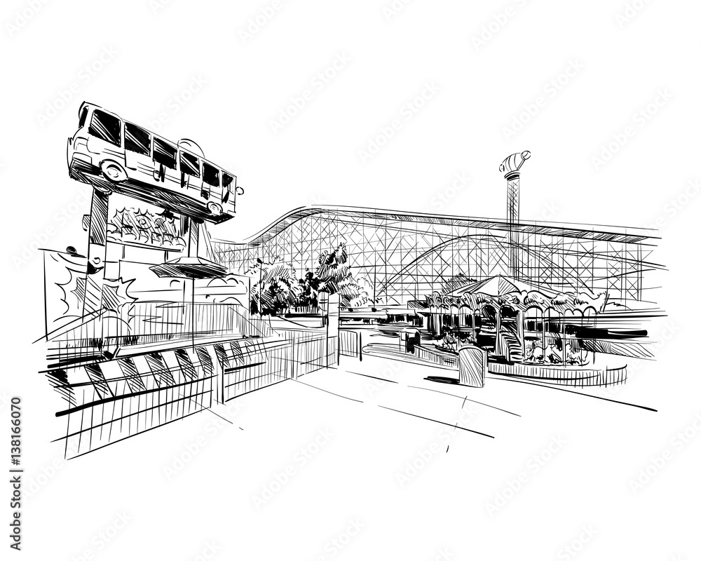 Mexico. Six flags amusement park. Hand drawn vector illustration. Stock ...