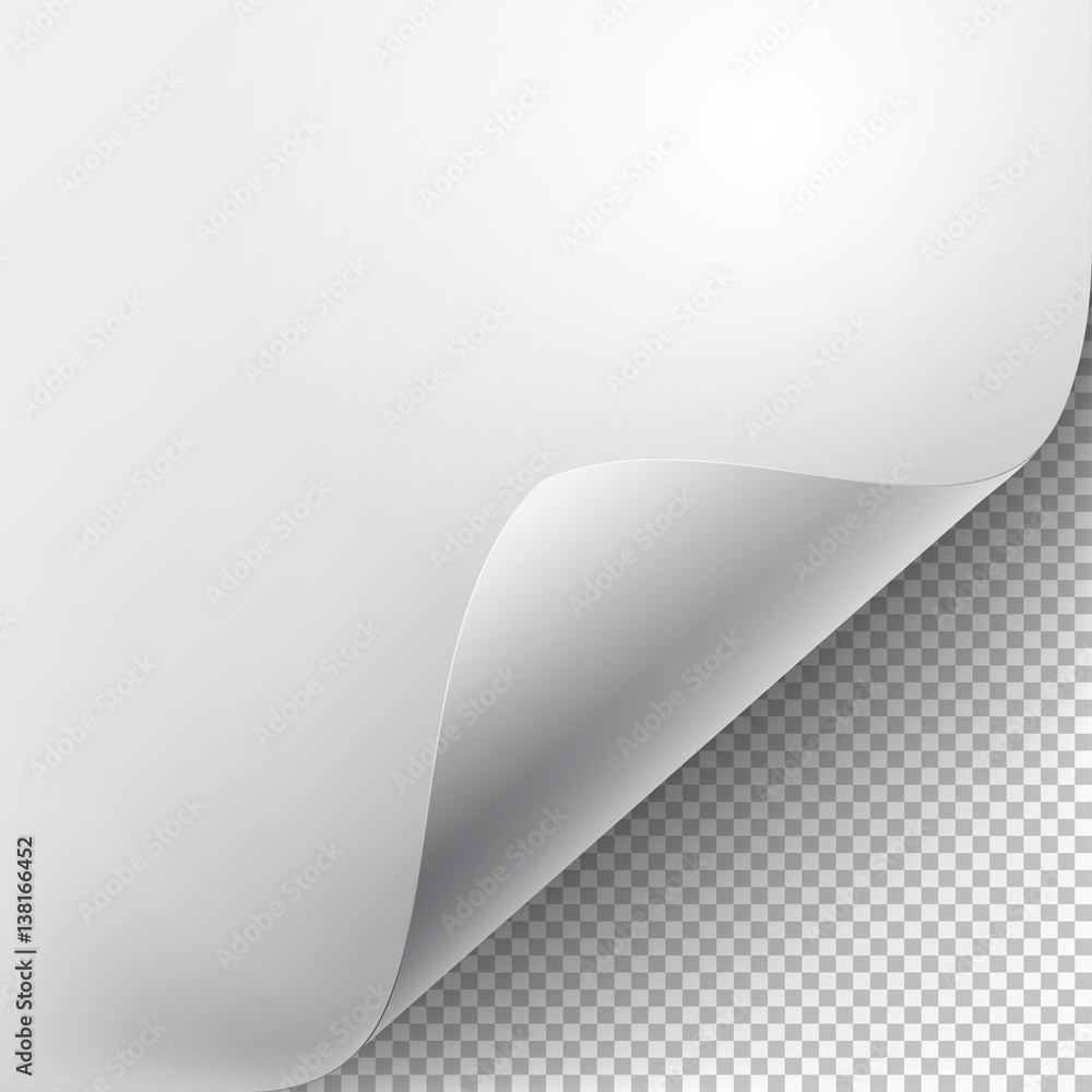 Curved corner of a white paper with shadow. Mock-ups close-up on a ...