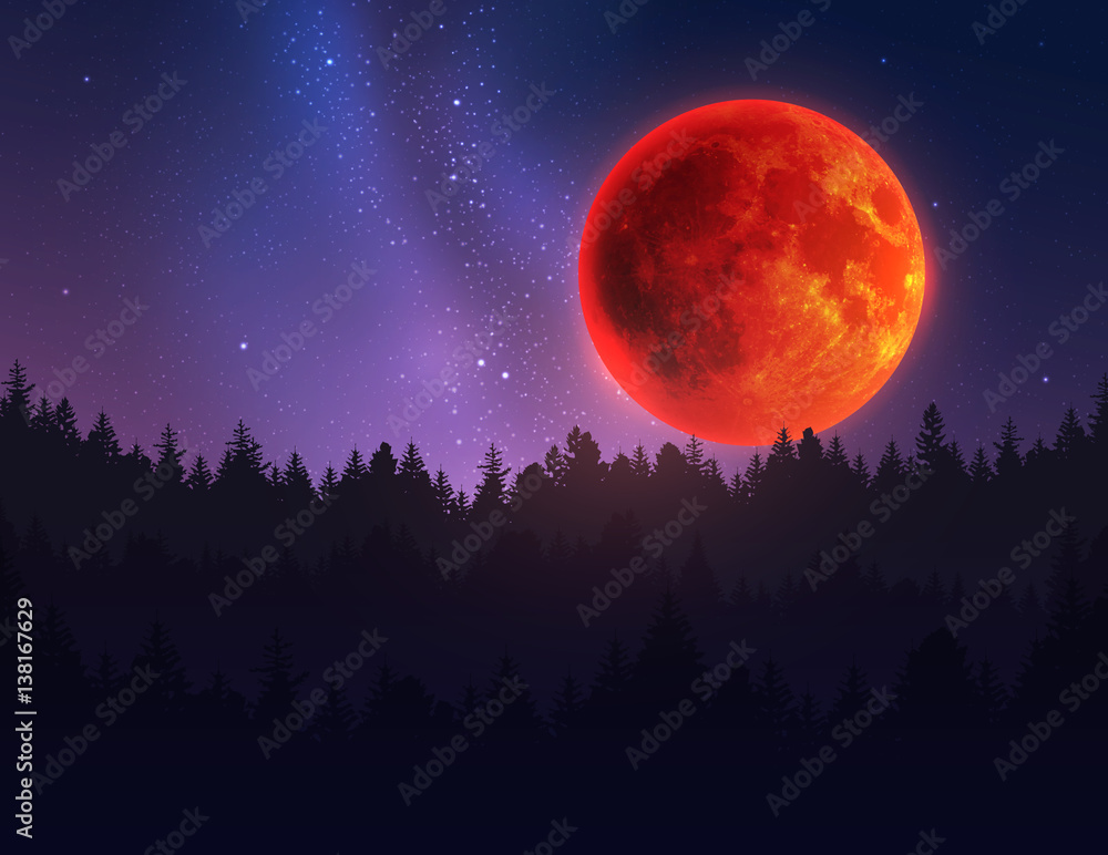 Big red moon in night sky over forest. Vector illustration. Stock ...