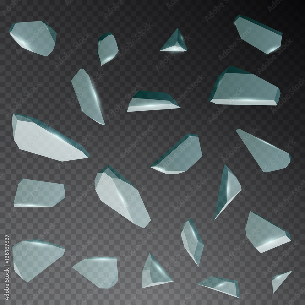 Realistic shards of broken glass, ice or crystal on transparent ...