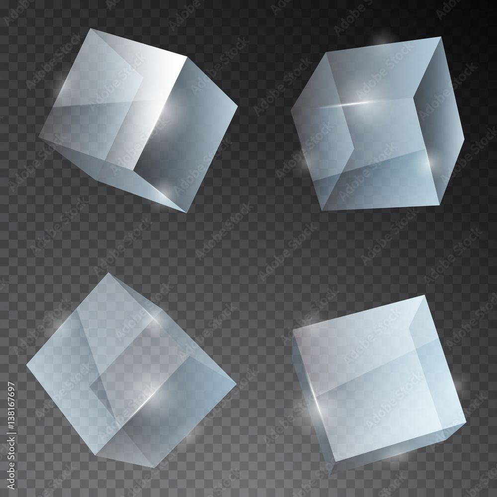 Set of transparent glass, crystal or ice cubes in different angles on ...
