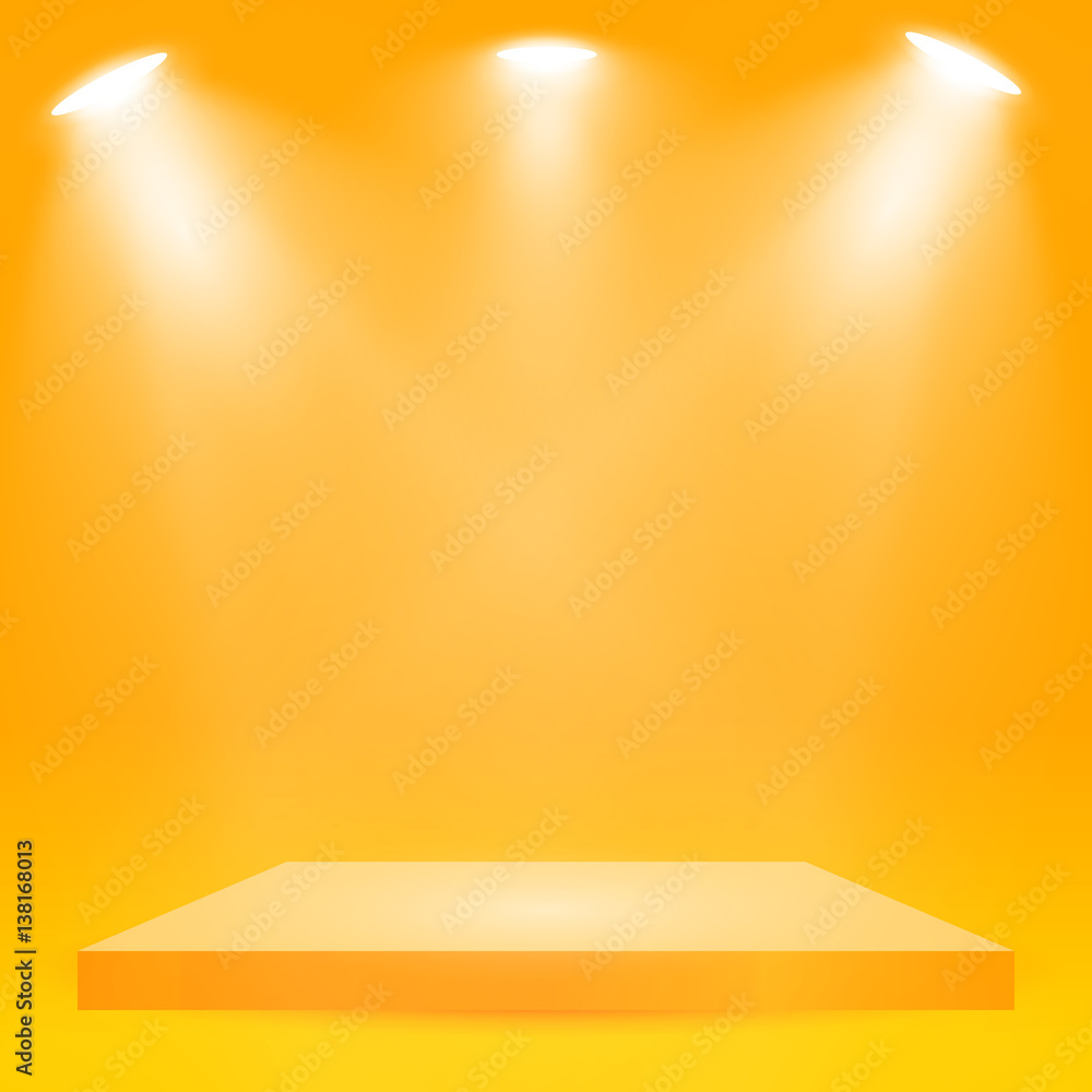 Square podium, pedestal or platform illuminated by spotlights on yellow ...