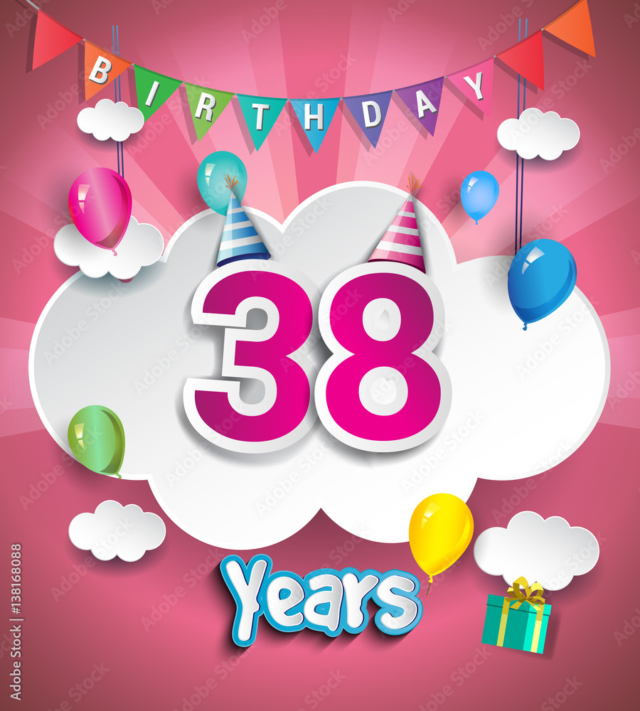 38 years birthday Celebration Design, with clouds and balloons ...
