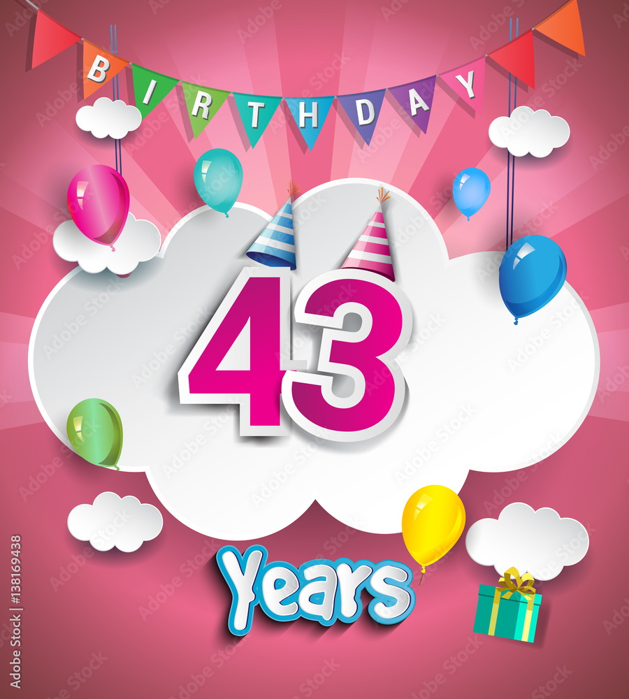 43 years birthday Celebration Design, with clouds and balloons ...