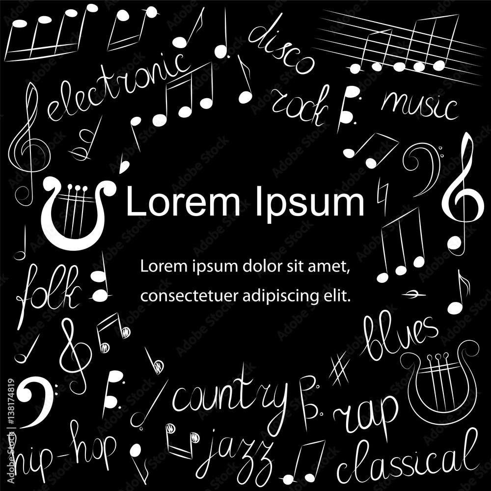 White Hand Drawn Set of Music Symbols. Doodle Treble Clef, Bass Clef ...