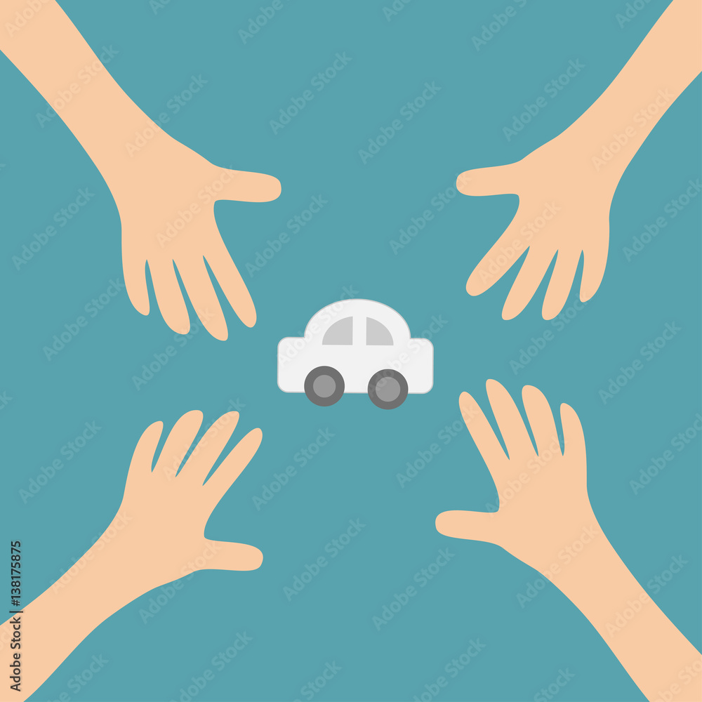 Four Hands arms reaching to cartoon auto car automobile sign symbol ...