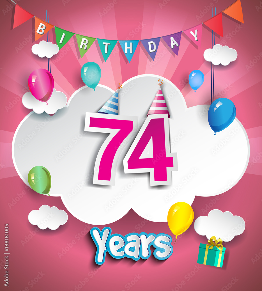Vetor de 74 years birthday Celebration Design, with clouds and balloons ...