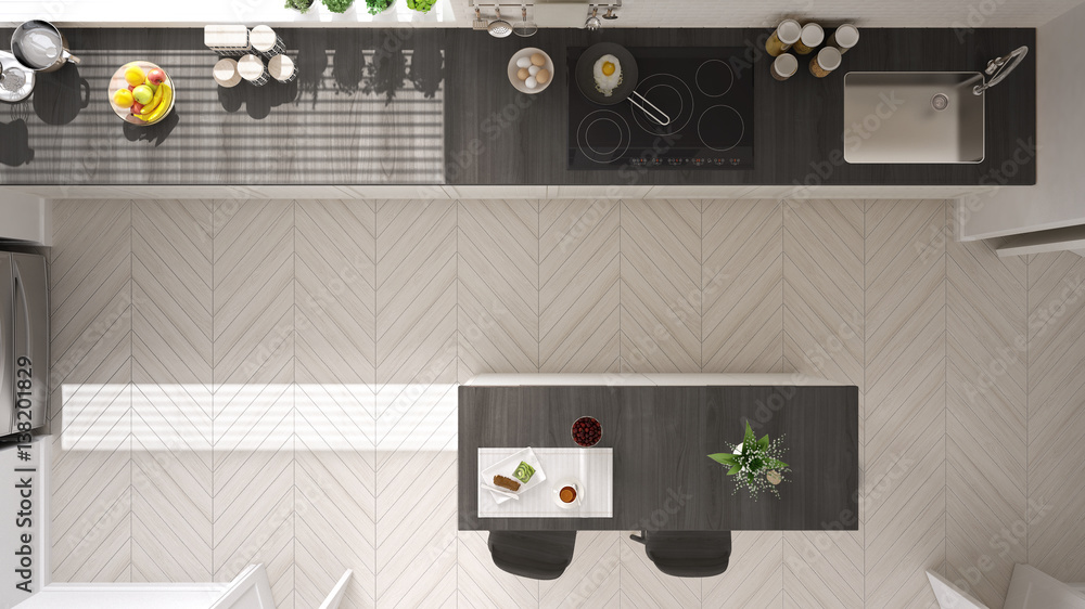 Scandinavian classic kitchen with wooden and white details, top view ...