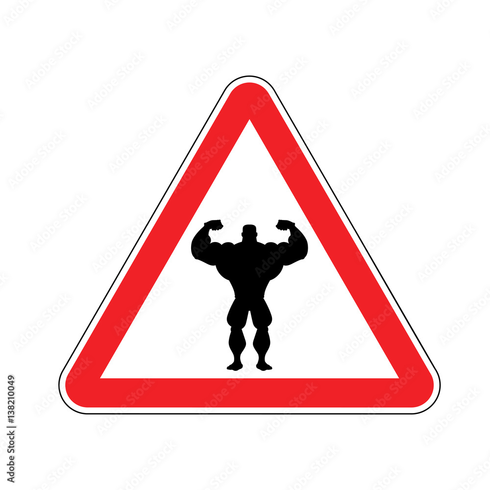 Attention bodybuilding. athlete on red triangle. Road sign Caution ...