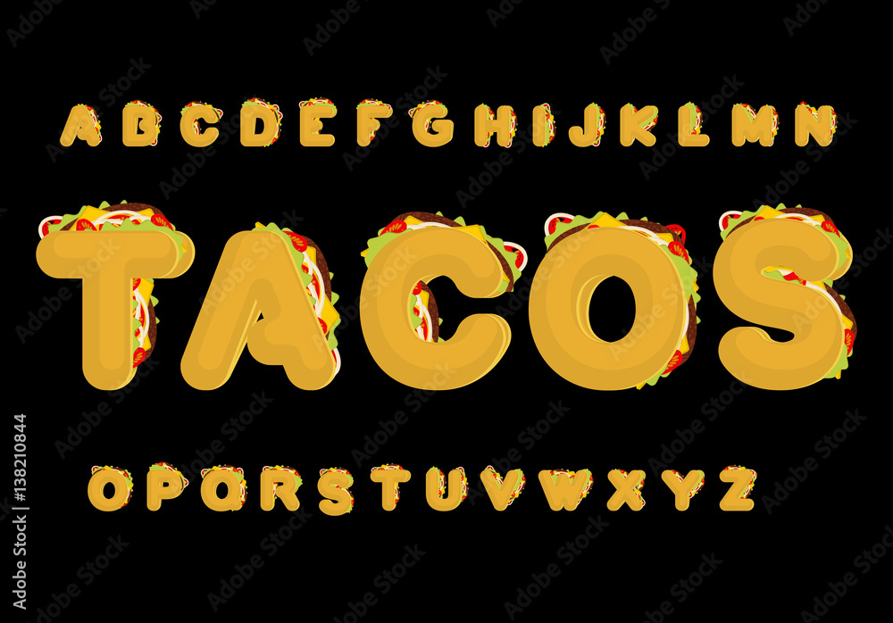 Tacos alphabet. Taco font. Mexican fast food ABC. traditional Mexico ...