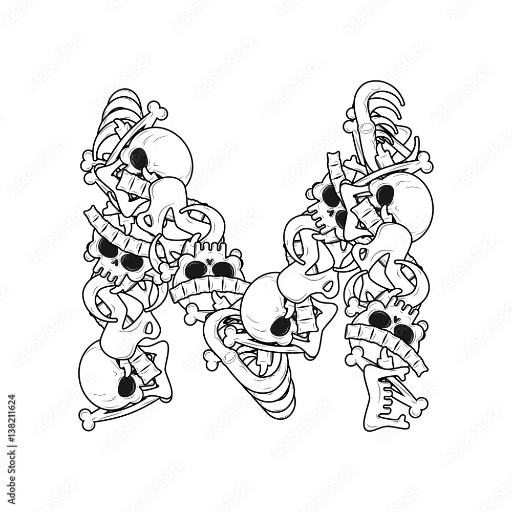 Letter M skeleton Bones Font. Anatomy of an alphabet symbol. dead ABC ...