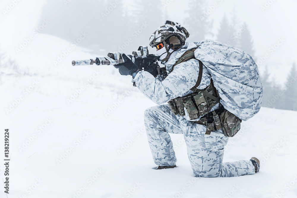 Winter arctic mountains warfare. Action in cold conditions. Trooper ...