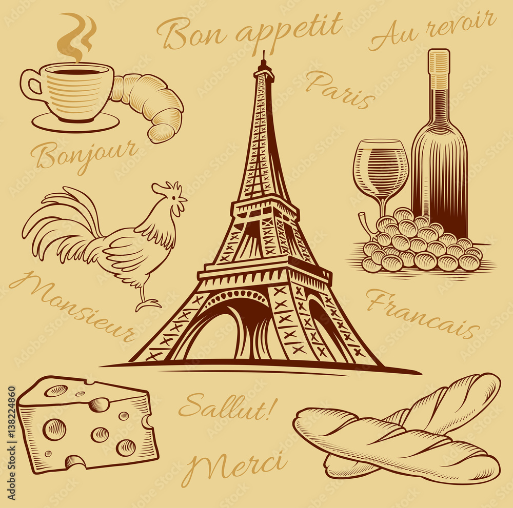 typical france food, croissant, wine, cheese, eiffel tower hand drawing ...