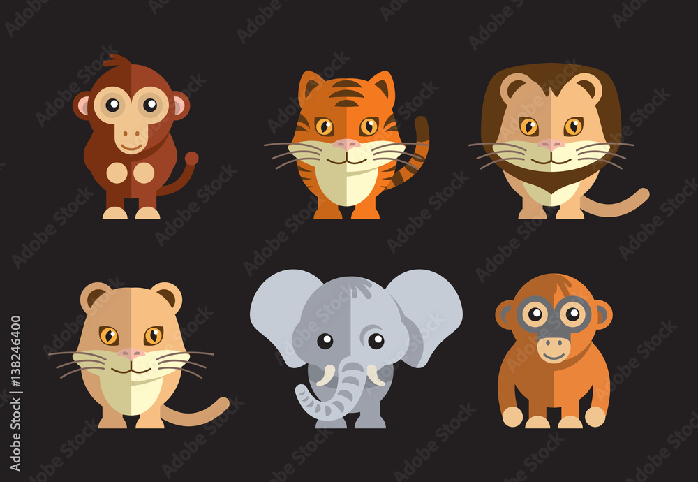 vector illustration of a cute exotic wild animals on a dark background ...