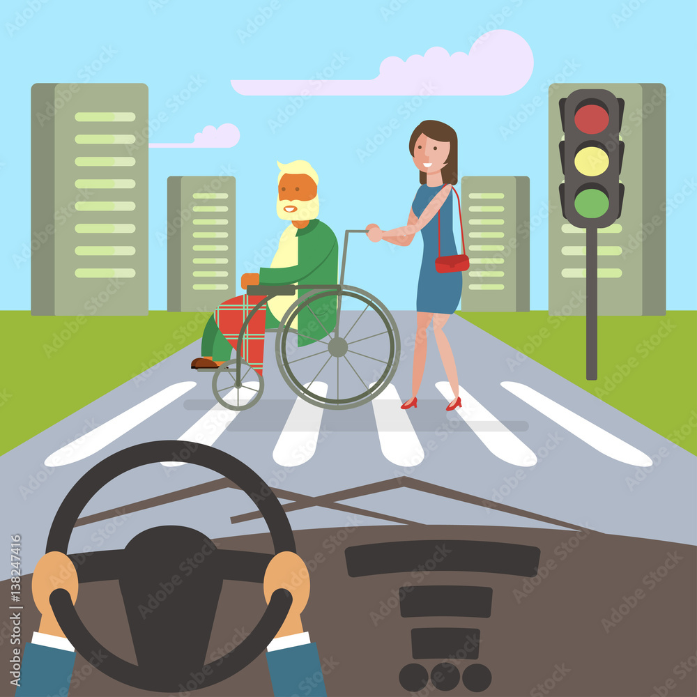 Girl carries an old man in a wheelchair disabled crossing the roadway ...